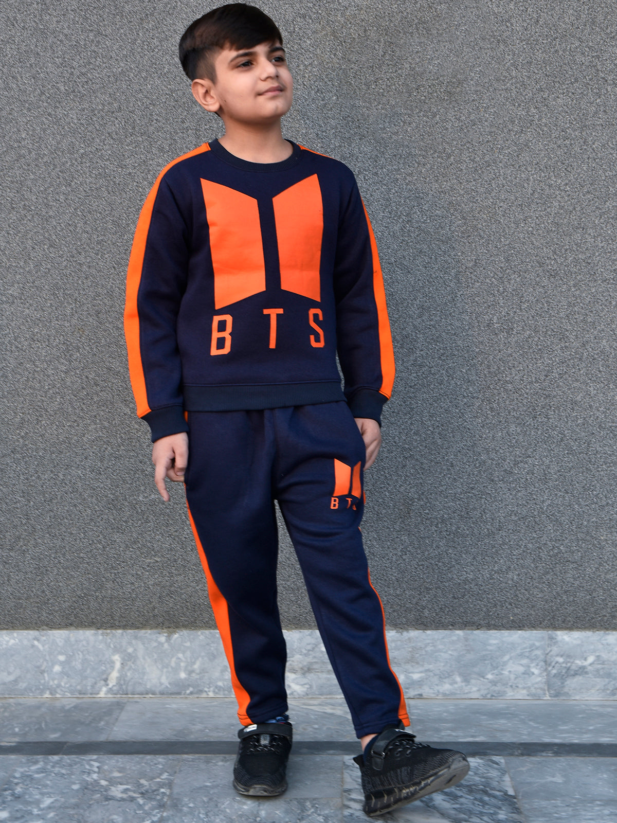 BTS Fleece Tracksuit For Kids-Dark Navy & Orange Panels-BR989 - Brandsroots