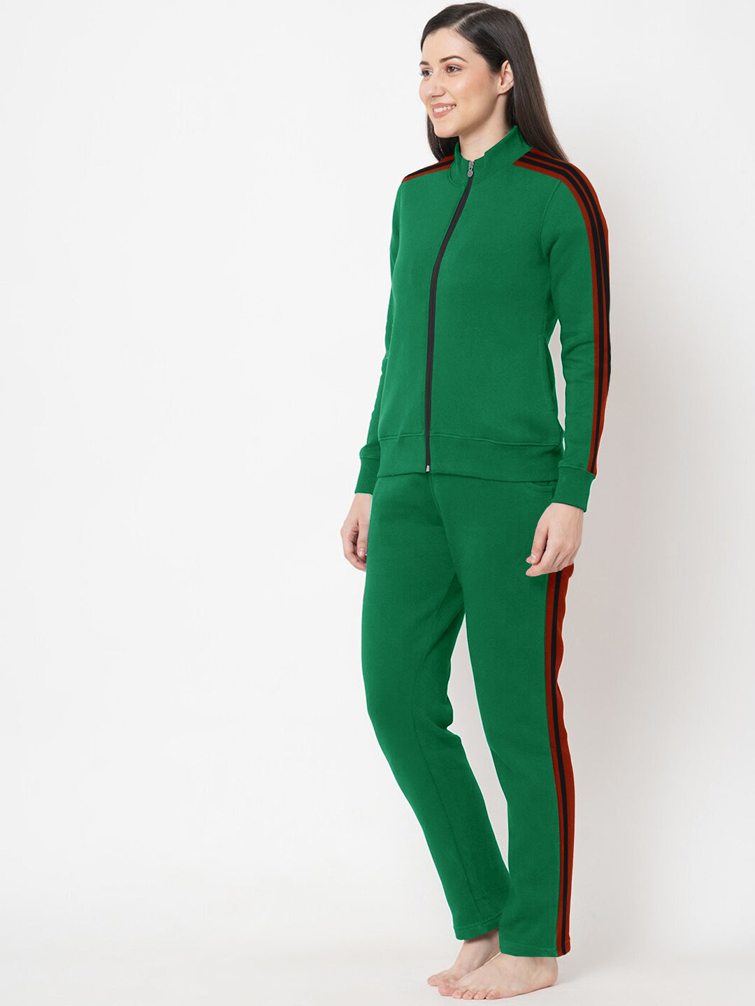 Louis Vicaci Fleece Zipper Tracksuit For Ladies-Green Melange with Bla ...