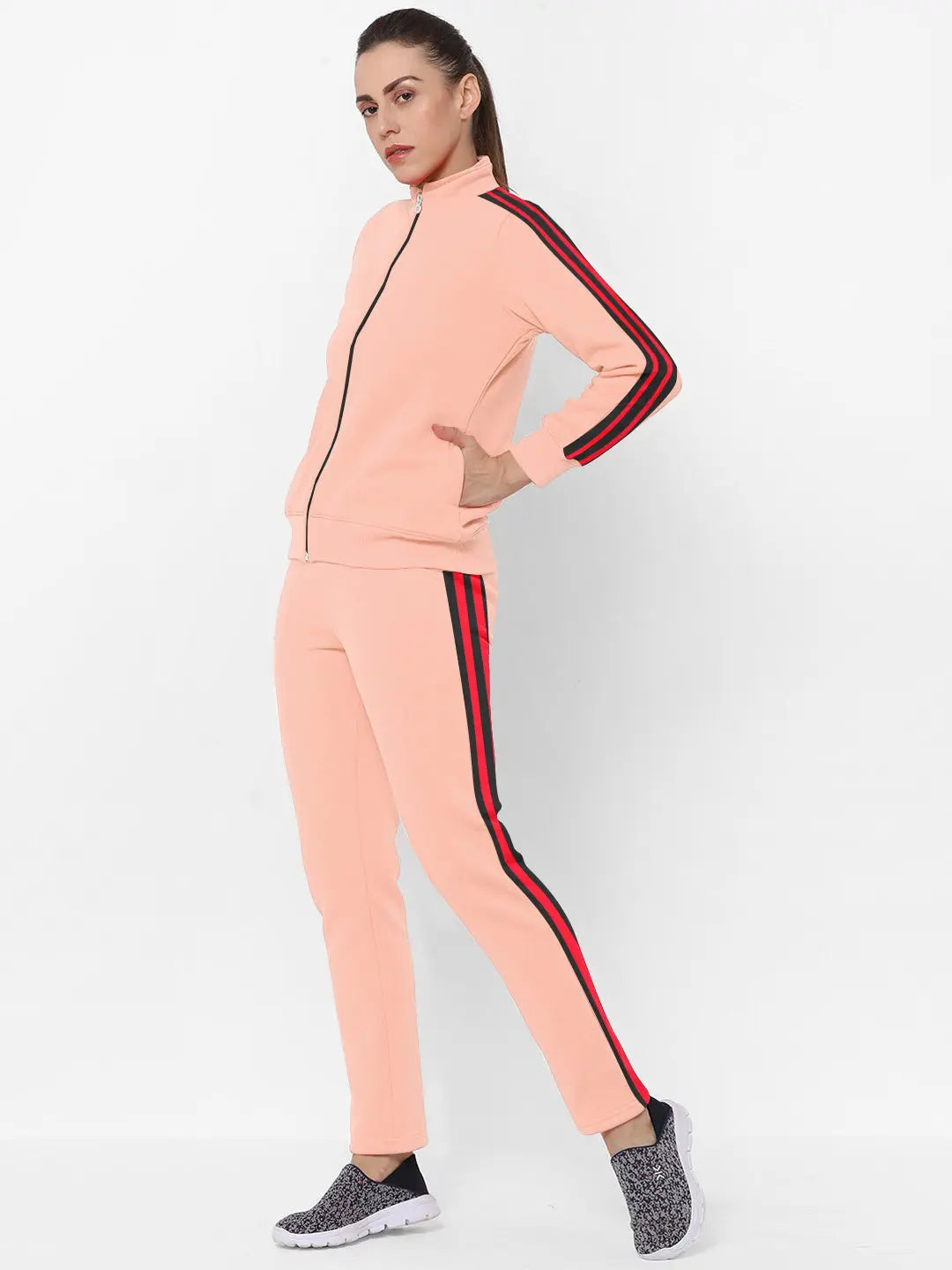 Louis Vicaci Fleece Zipper Tracksuit For Ladies Light Peach with Black ...